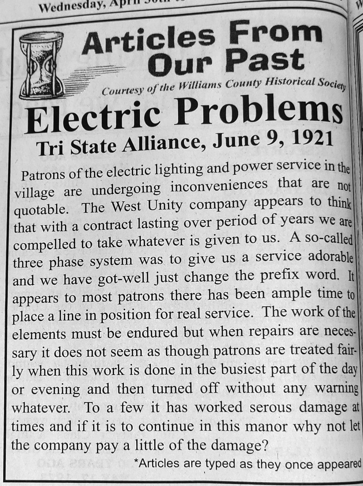 Historic Reflection: 1921 – West Unity Electric Problems